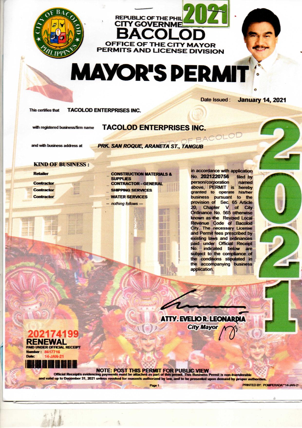 Permits and Licenses - Tacolod Enterprises Inc.